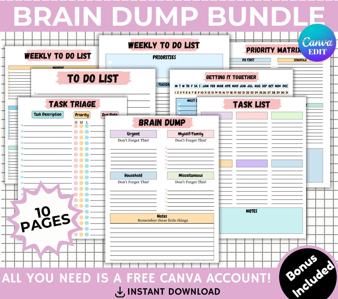 Brain Dump Template BUNDLE Printable, to Do List Editable, ADHD Daily ...