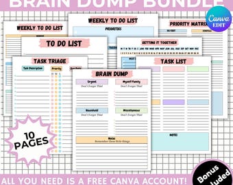 Editable Brain Dump Template Bundle | Printable to Do List | ADHD Daily ...