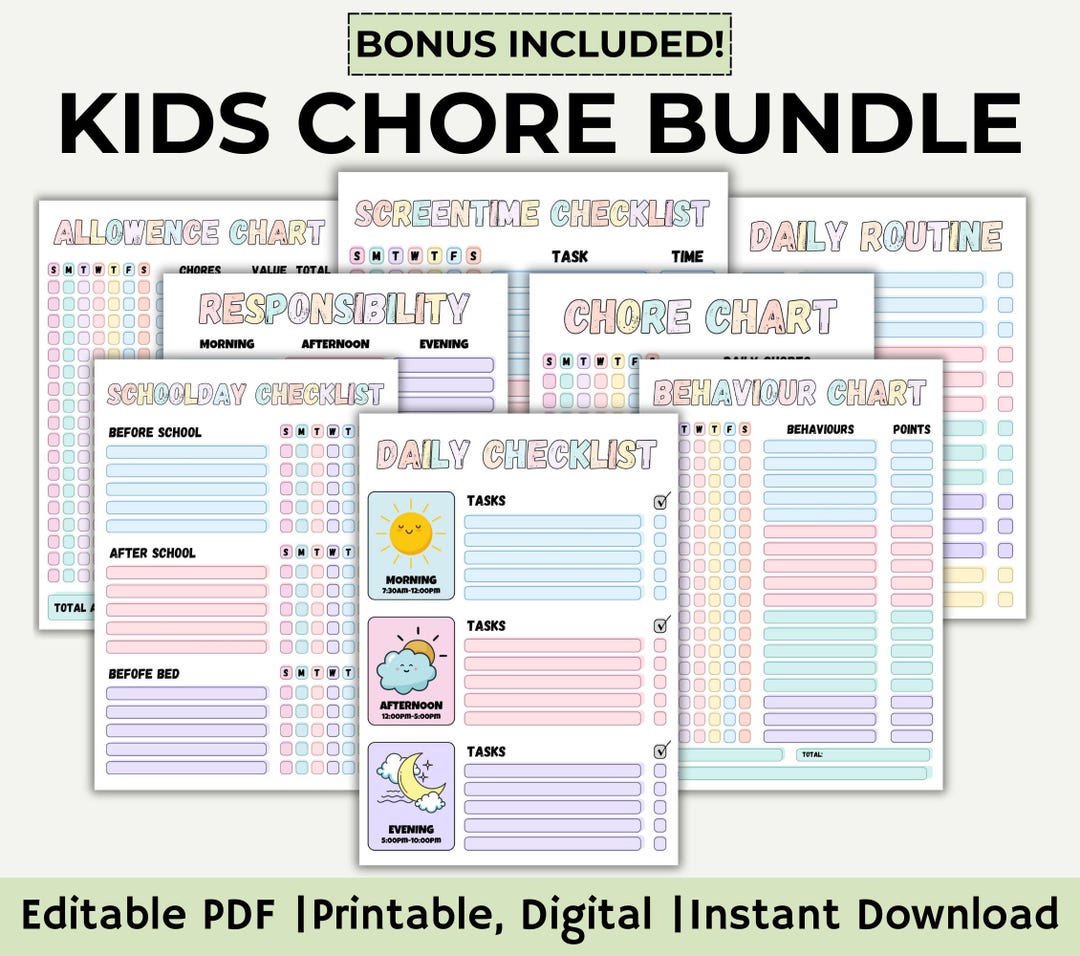 Kids Chore Chart Bundle, Reward, Allowance, Screen Time, School Routine ...