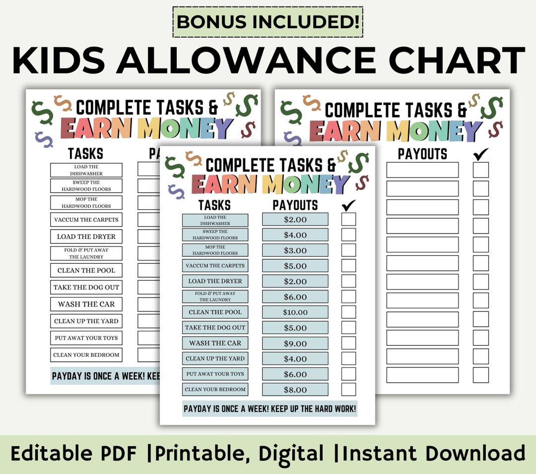 Allowance Chart for Kids, Allowance Chore Chart, Allowance Chore ...