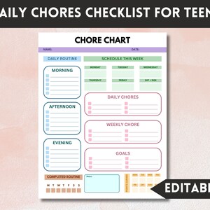 Daily Chore Checklist Kids Teens, Teen Routine Checklis, Daily Reminder ...