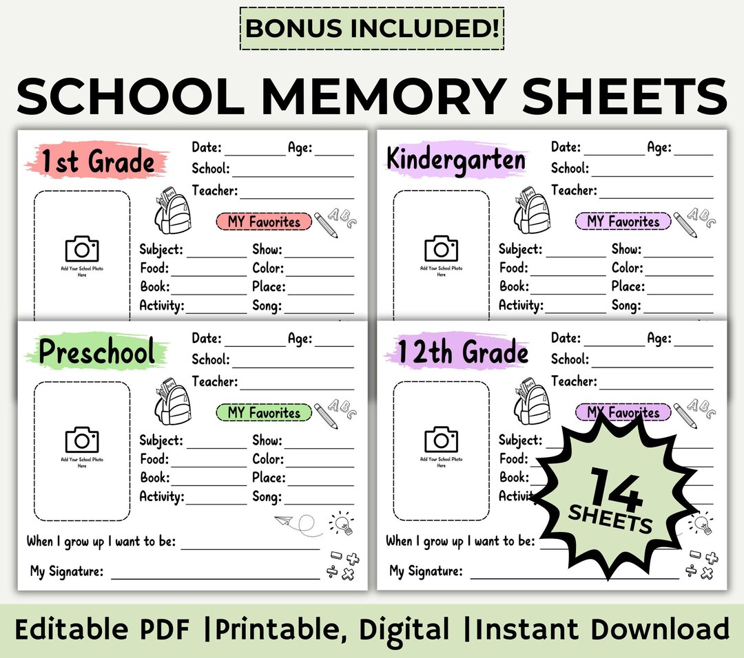 School Memory Sheet Printable, Kids Keepsake, Personalized Back to ...
