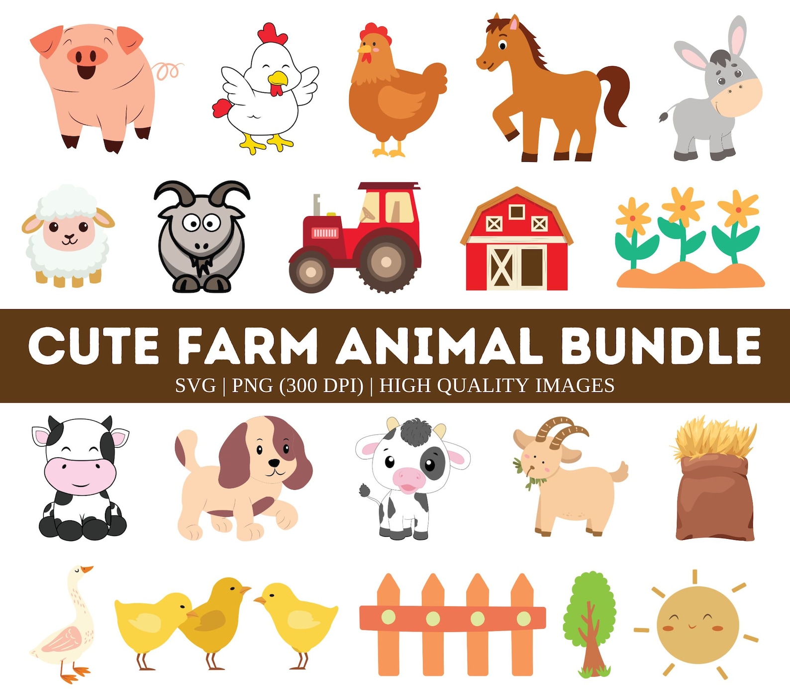 Cute Farm Animals SVG PNG Bundle| Animals Svg| Pig Sheep Horse Donkey ...