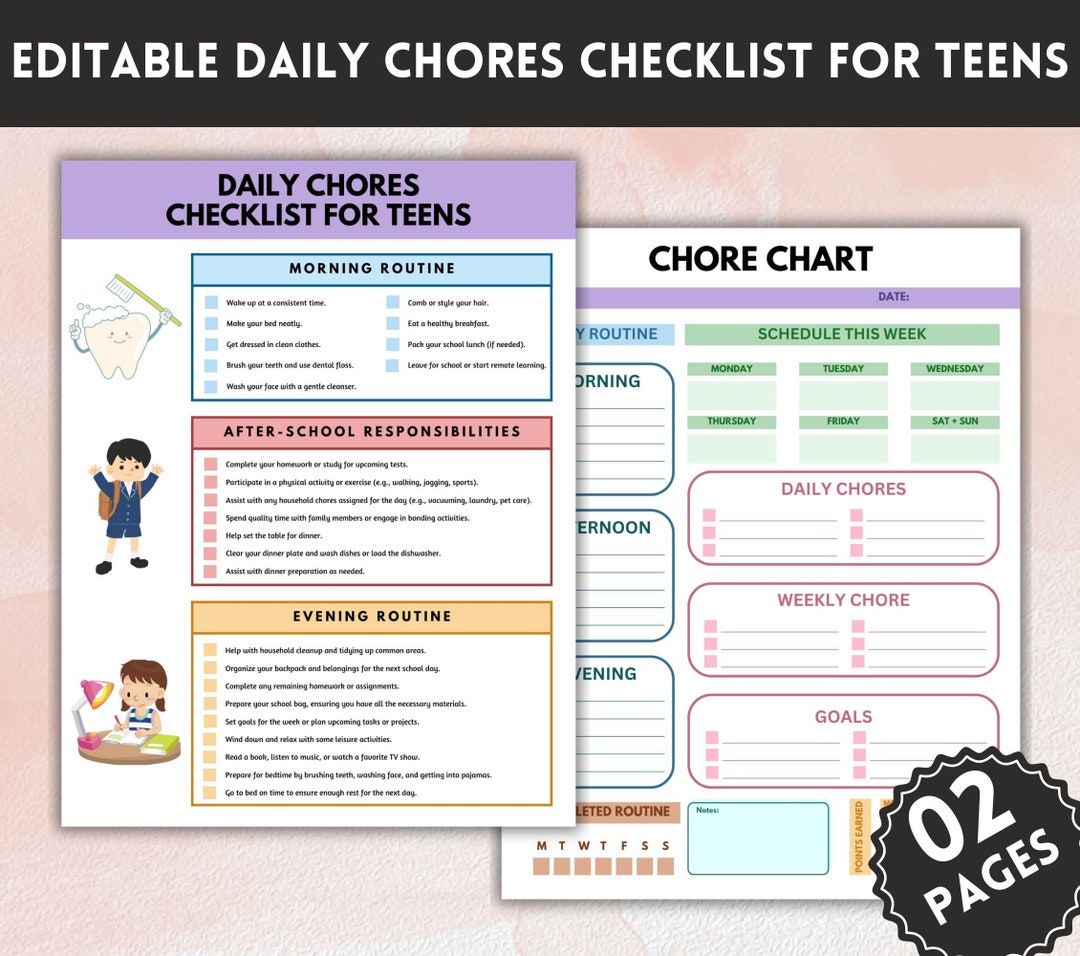 Daily Chore Checklist Kids Teens, Teen Routine Checklis, Daily Reminder ...