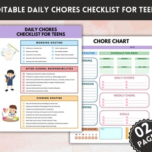 Daily Chore Checklist Kids Teens, Teen Routine Checklis, Daily Reminder ...