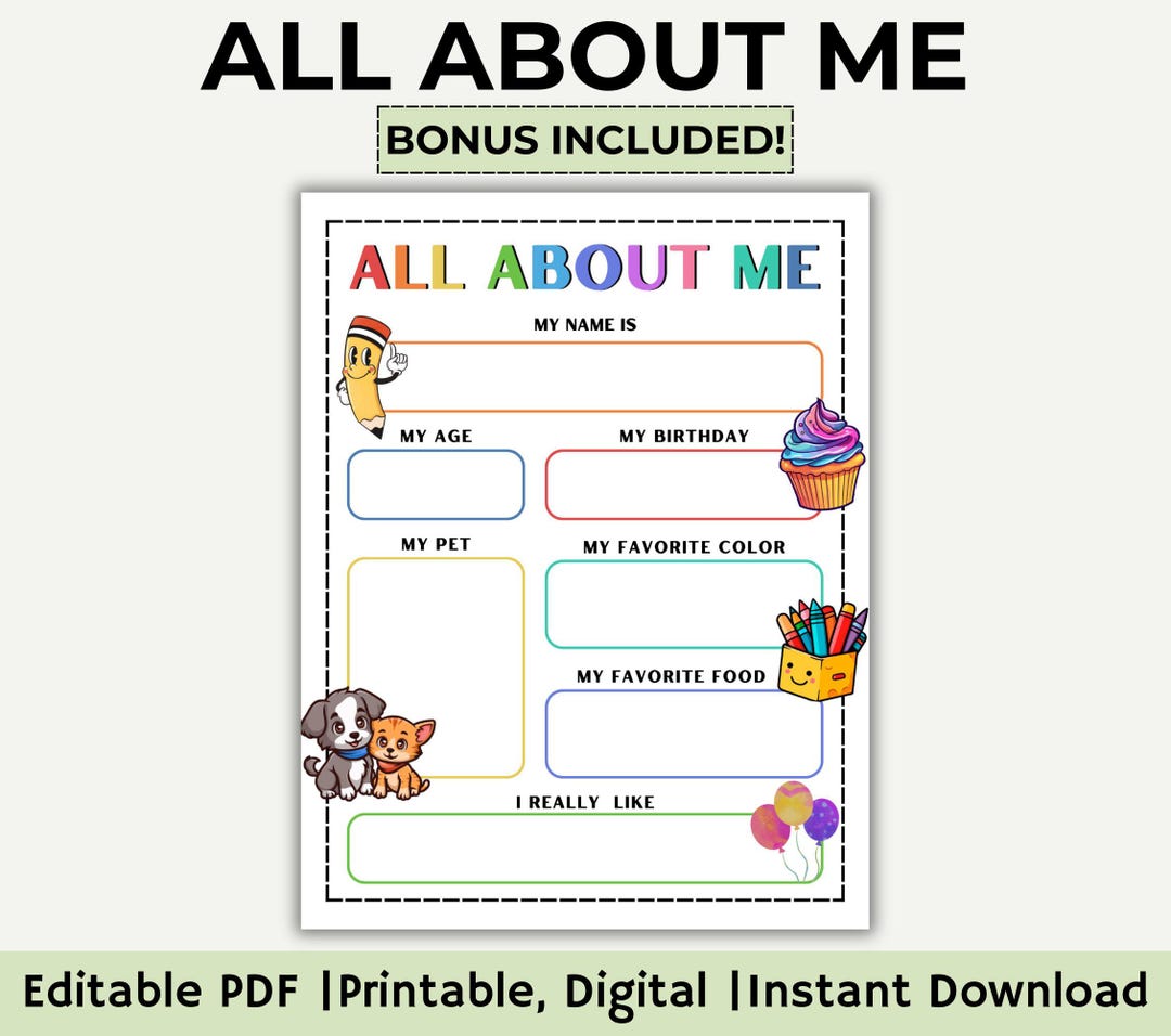 All About Me Printable Kids Template Favorite Things Back to School Get ...