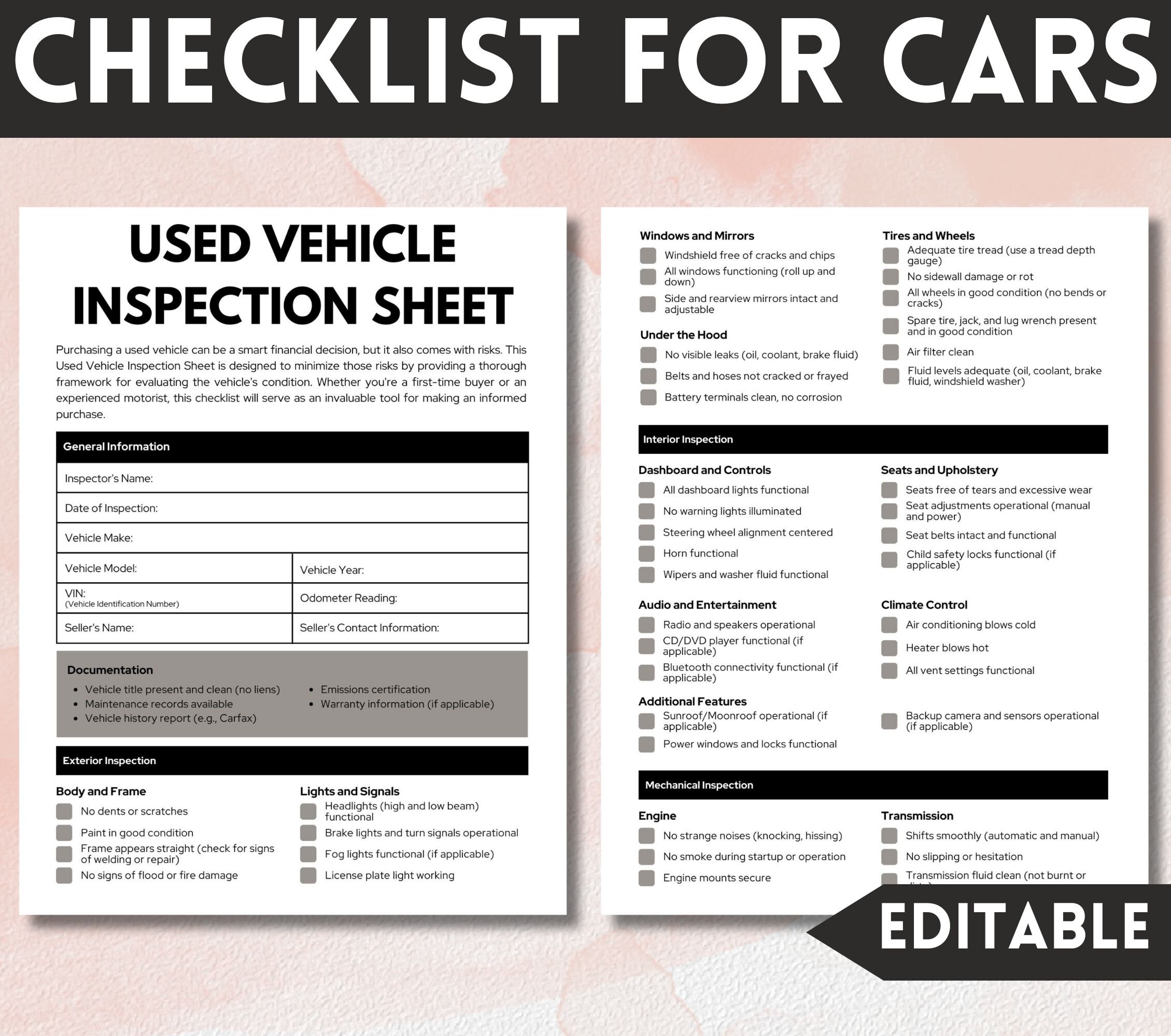 Editable Visual Vehicle Inspection Checklist, Fillable Multipoint ...