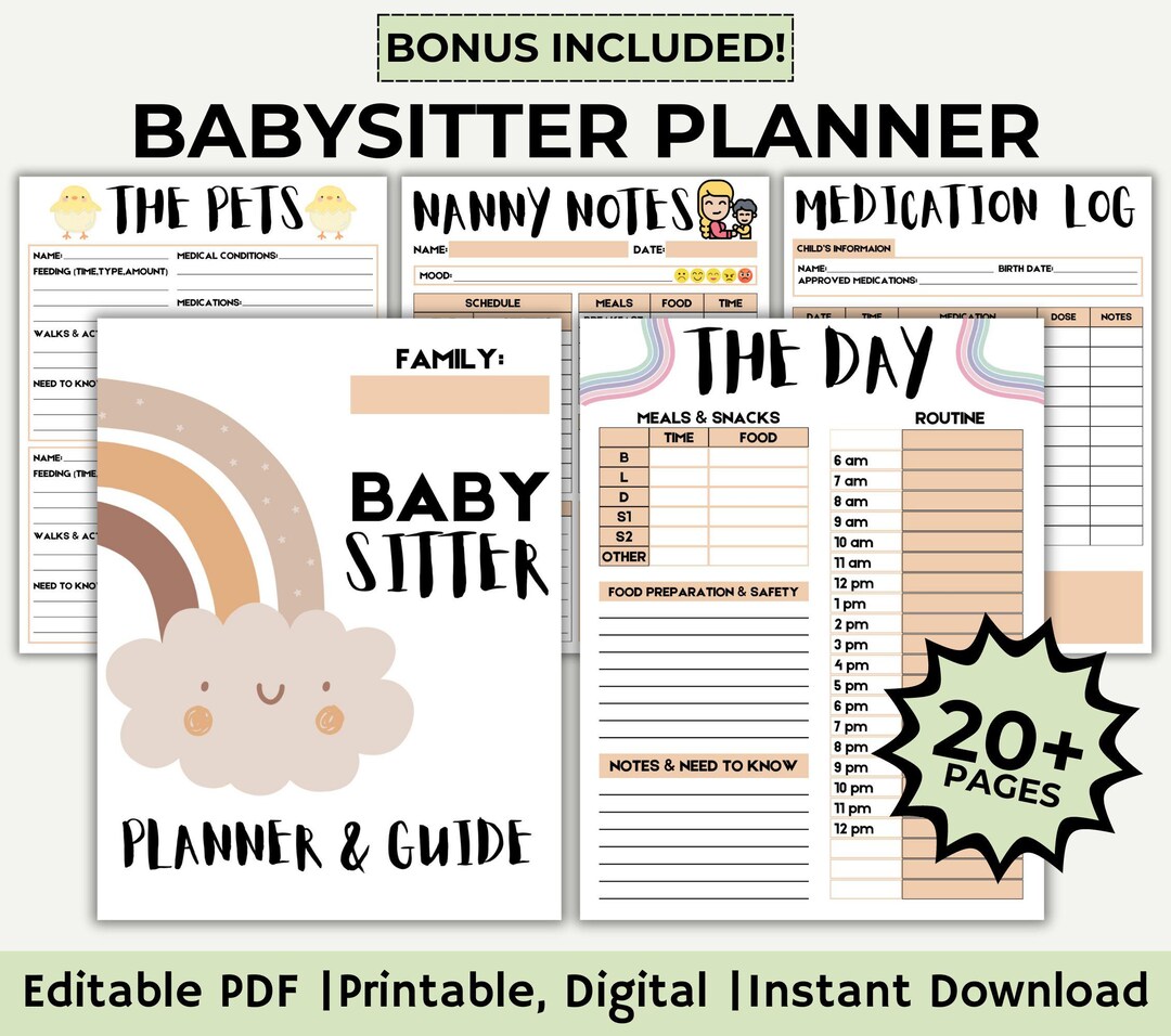 Babysitter Planner Printable, Editable Babysitter Planner, Childcare ...