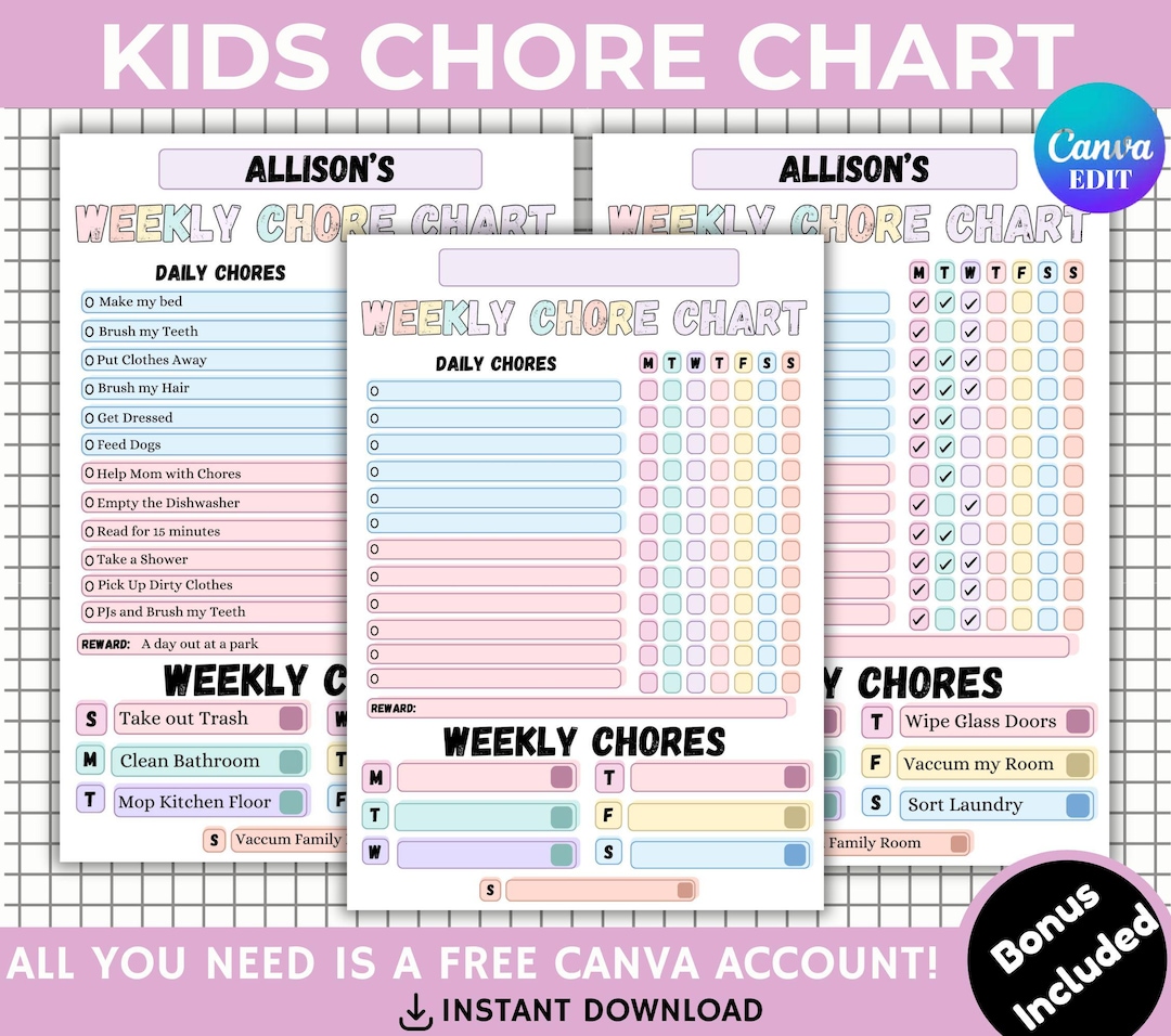 Editable Weekly Chore Chart for Kids, Kids Weekly Responsibility Chart ...