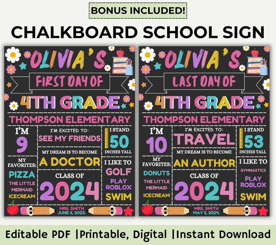 Chalkboard First Day of School Sign, Editable Back to School Sign, Last ...