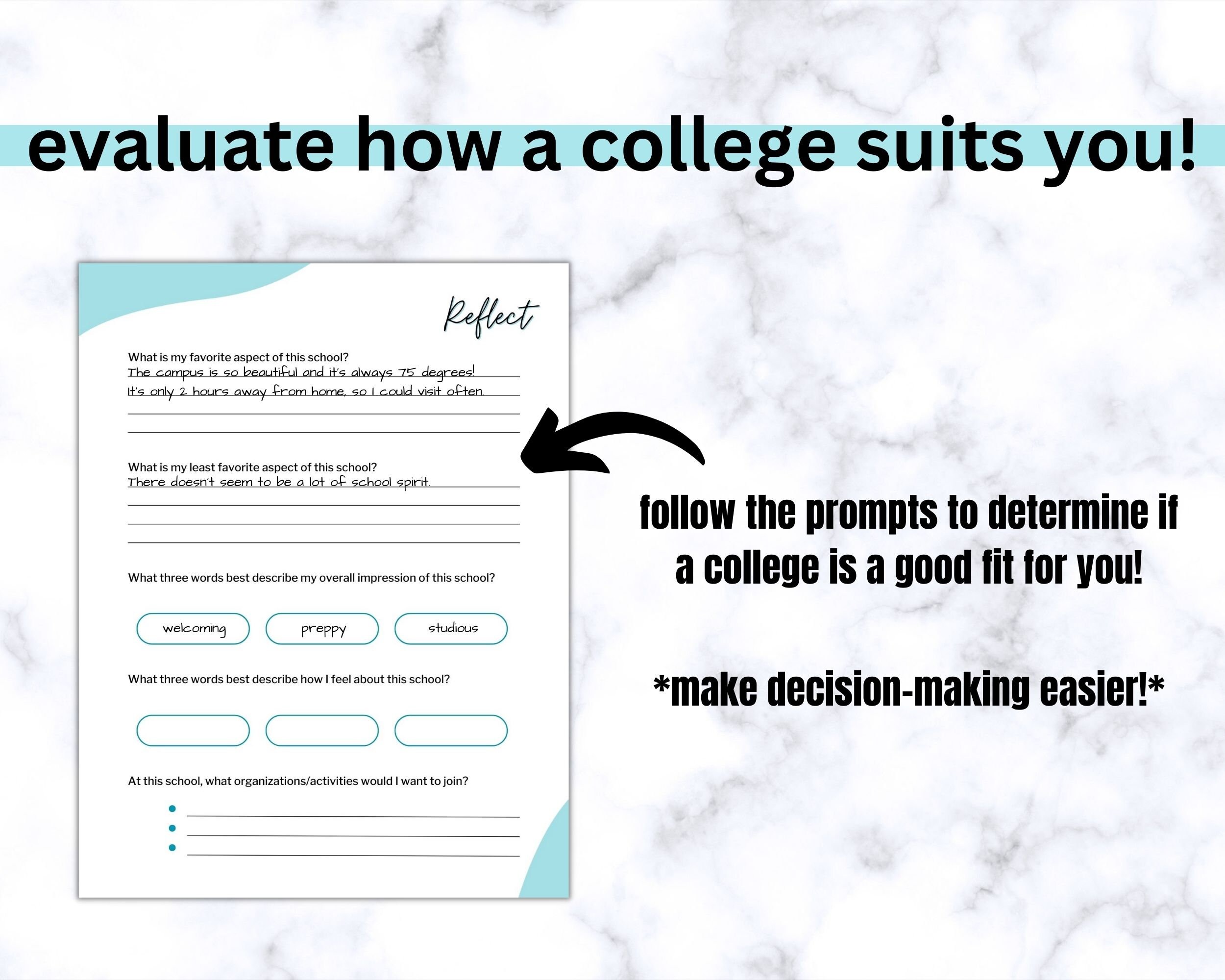 Easy-to-use College Evaluation Form, College Tour Thought Organization, Planner to Reduce Stress ...