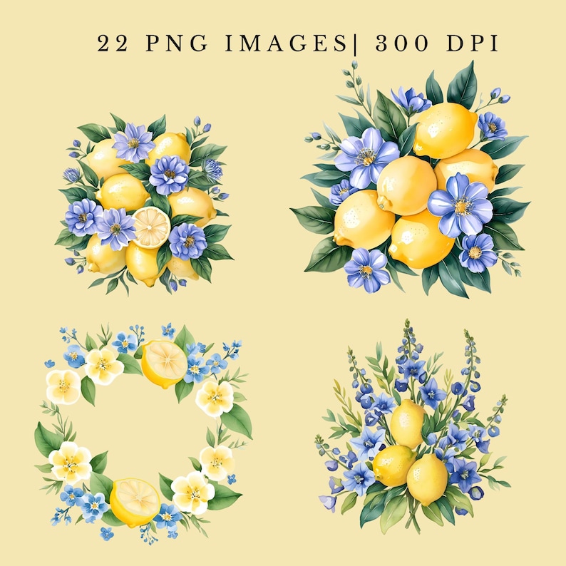 Lemon and Blue Flower Clipart Watercolor Floral PNG Italian Wedding ...