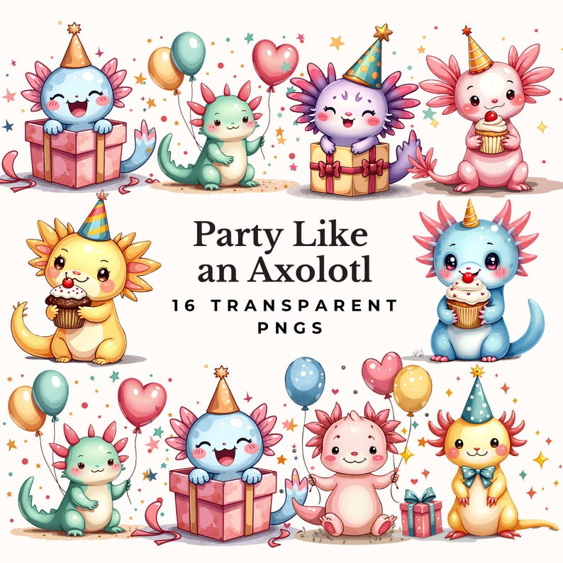 Axolotl Birthday Clipart Cute Pastel Party Animal PNG Kids Celebration ...