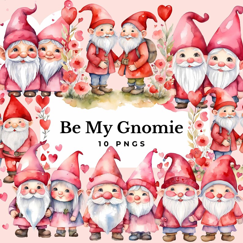Valentine Gnome Couple Clipart Cute Gnome PNG Valentines Day Watercolor ...