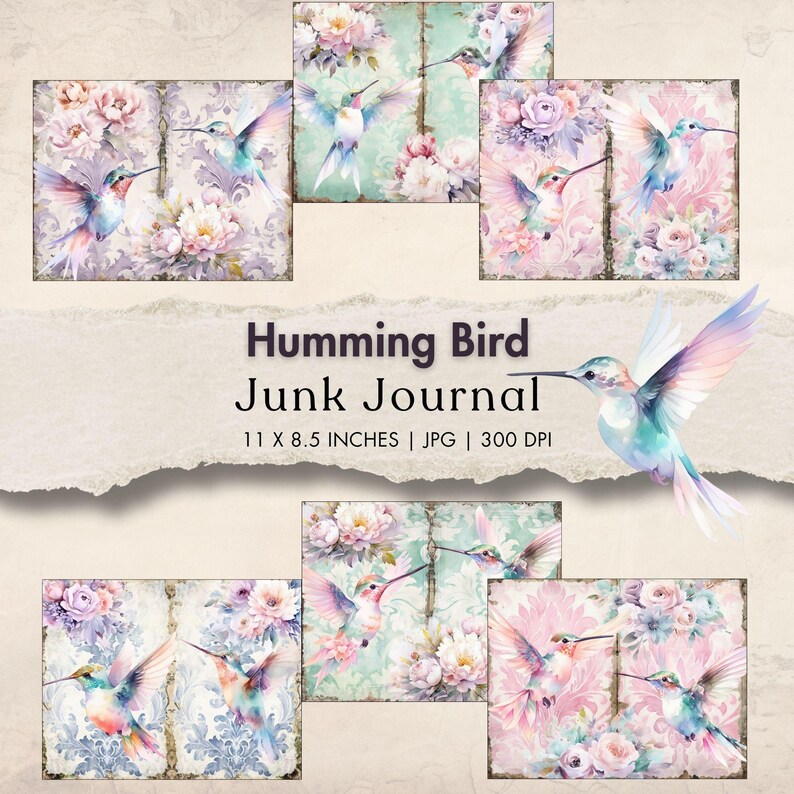Humming Bird Junk Journal Kit Soft Pastel Bird Digital Paper Vintage ...