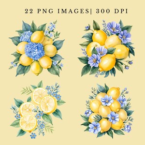 Lemon and Blue Flower Clipart Watercolor Floral PNG Italian Wedding ...