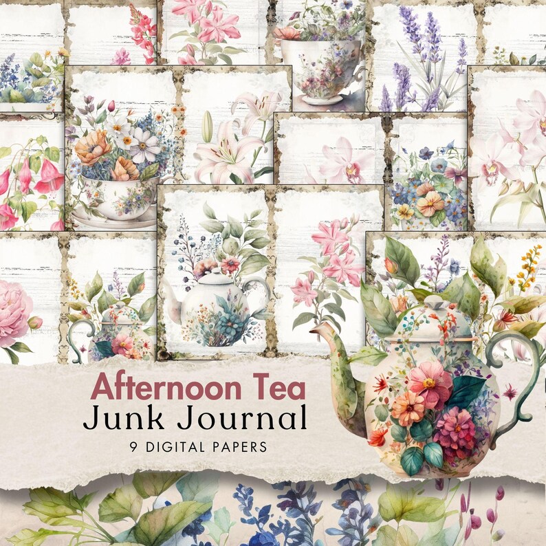 Afternoon Tea Junk Journal Pages Watercolor High Tea Ephemera Vintage ...