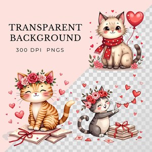 Quirky Valentine Cat Clipart Cute Watercolor Feline Pngs Funny Cat ...