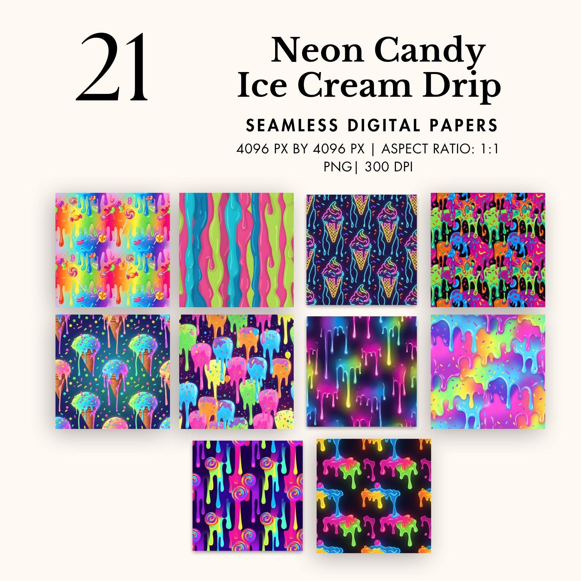 Ice Cream Cone Drip Digital Paper Neon Seamless Pattern Bright Candy ...