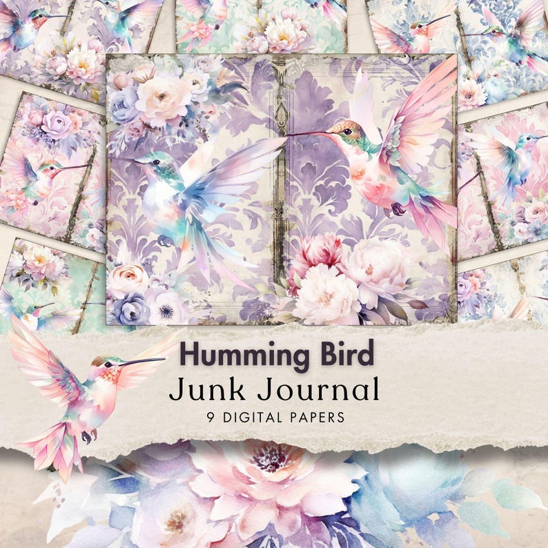 Humming Bird Junk Journal Kit Soft Pastel Bird Digital Paper Vintage ...