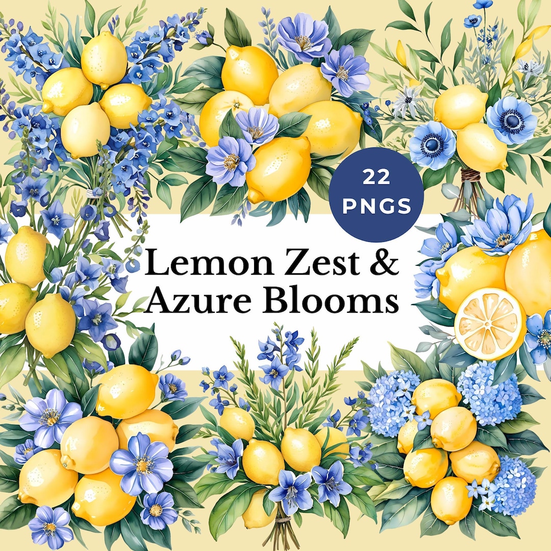 Lemon and Blue Flower Clipart Watercolor Floral PNG Italian Wedding ...