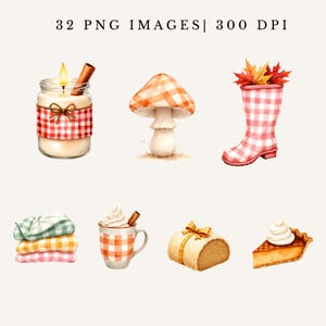 Fall Gingham Clipart Watercolor Pumpkins PNG Cute Autumn Picnic Graphic ...