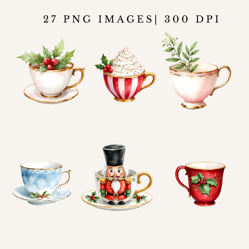 Christmas Tea Cups Clipart Vintage Holiday Mug PNG Watercolor Tea Party ...
