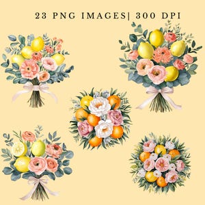 Floral and Citrus Clipart Orange Flowers Lemon PNG Watercolor Summer ...