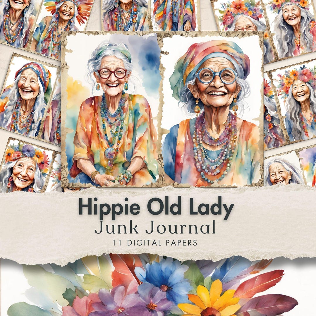 Hippie Old Lady Junk Journal Funny Old Woman Digital Paper Pages Boho ...