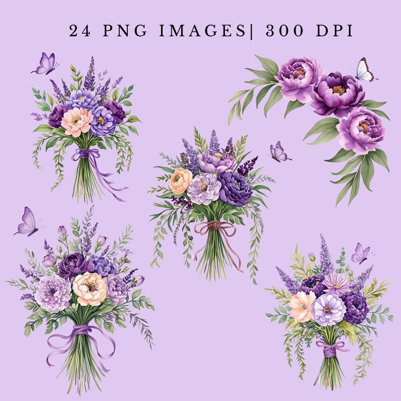 Purple Flowers and Butterfly Clipart Watercolor Floral Spring PNG ...