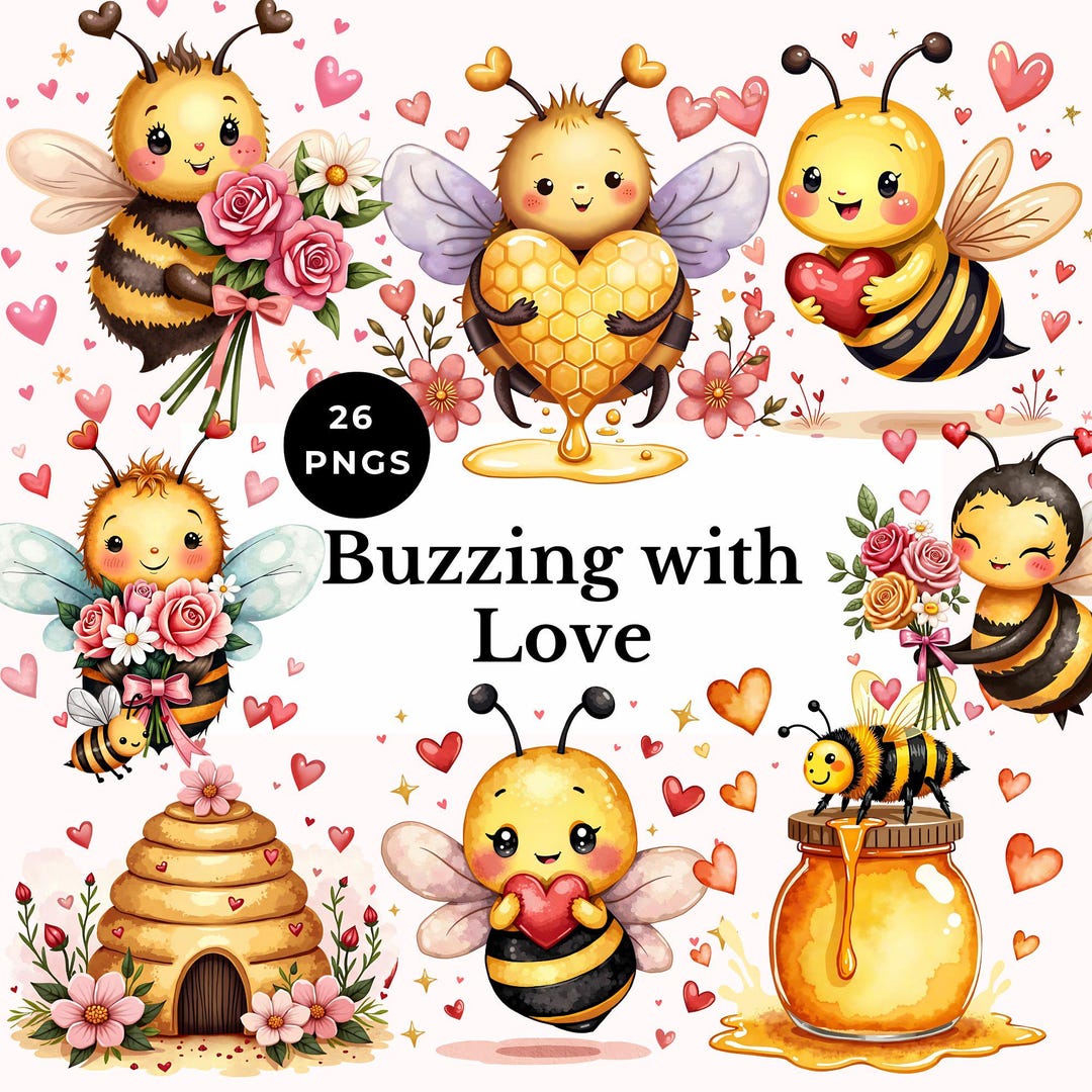 Valentine Bee Clipart Cute Bee Mine PNG Fun Watercolor Illustration ...