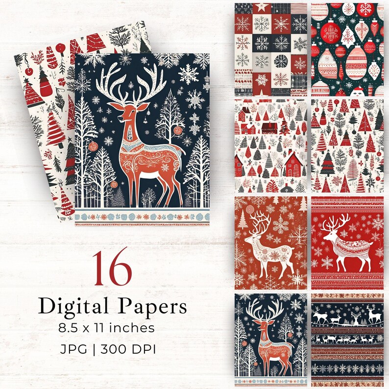 Scandinavian Christmas Digital Papers Nordic Holiday Scrapbook Craft ...
