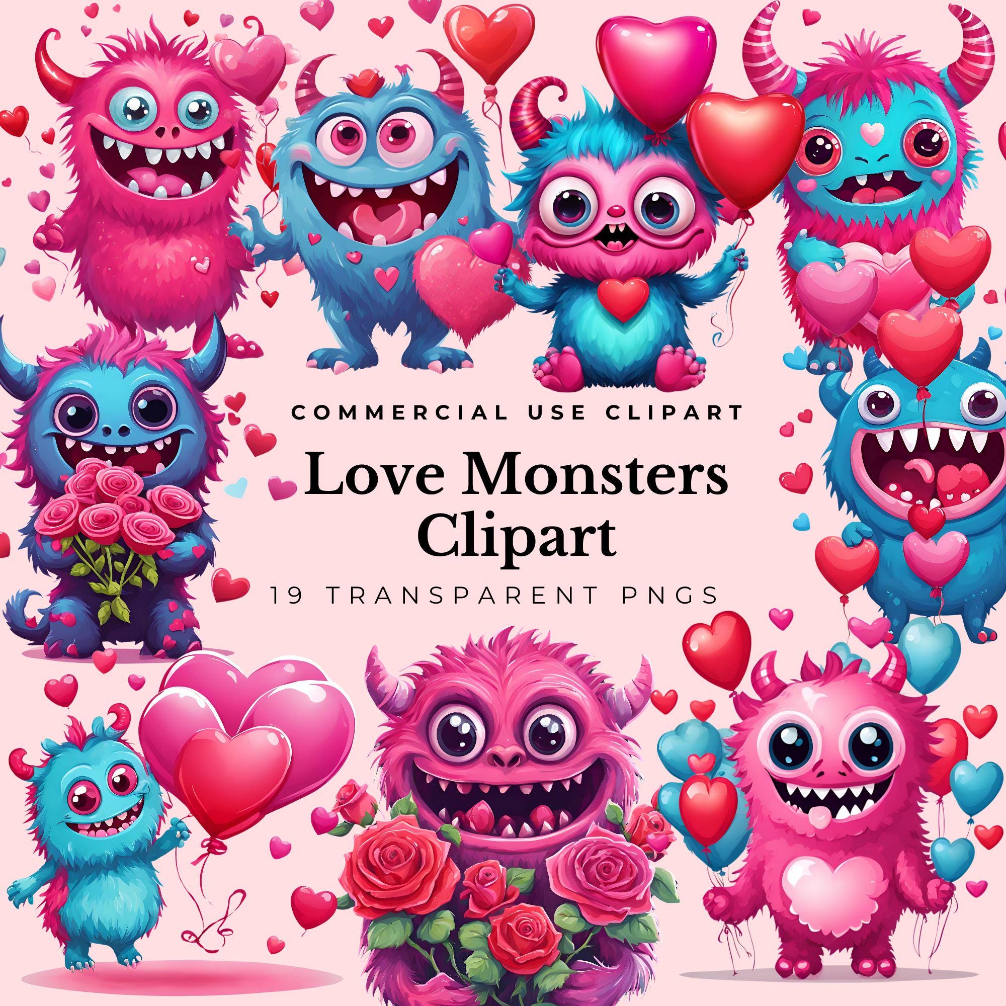 Valentines Monsters Clipart Cute Monsters PNG Bundle Watercolor ...