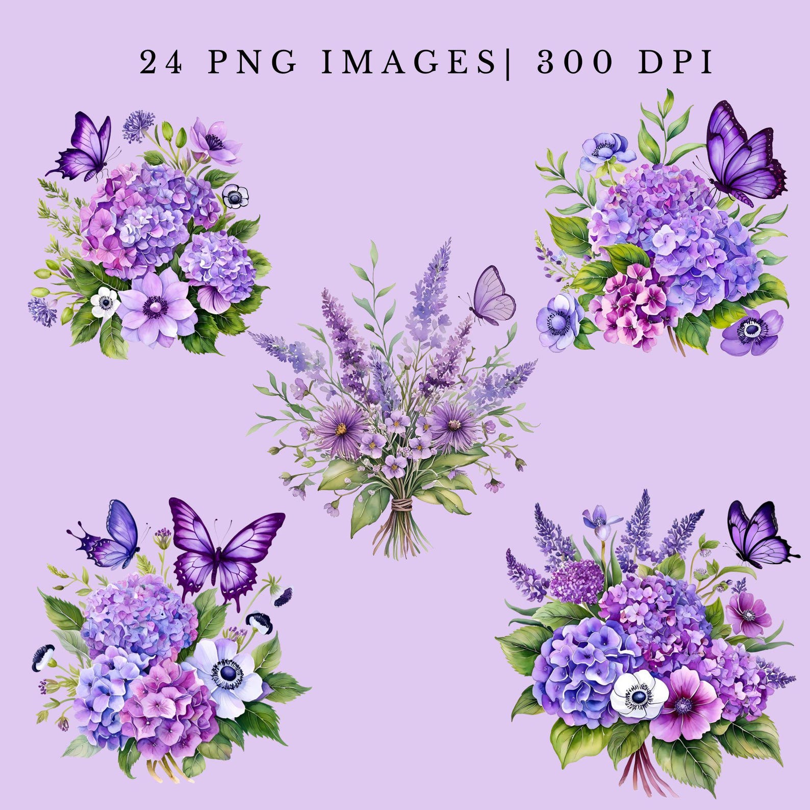 Purple Flowers and Butterfly Clipart Watercolor Floral Spring PNG ...