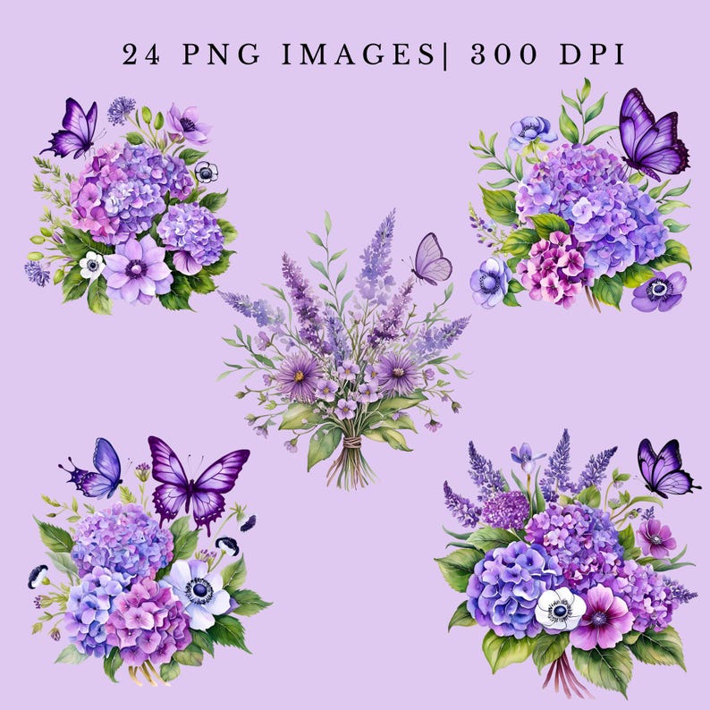 Purple Flowers and Butterfly Clipart Watercolor Floral Spring PNG ...