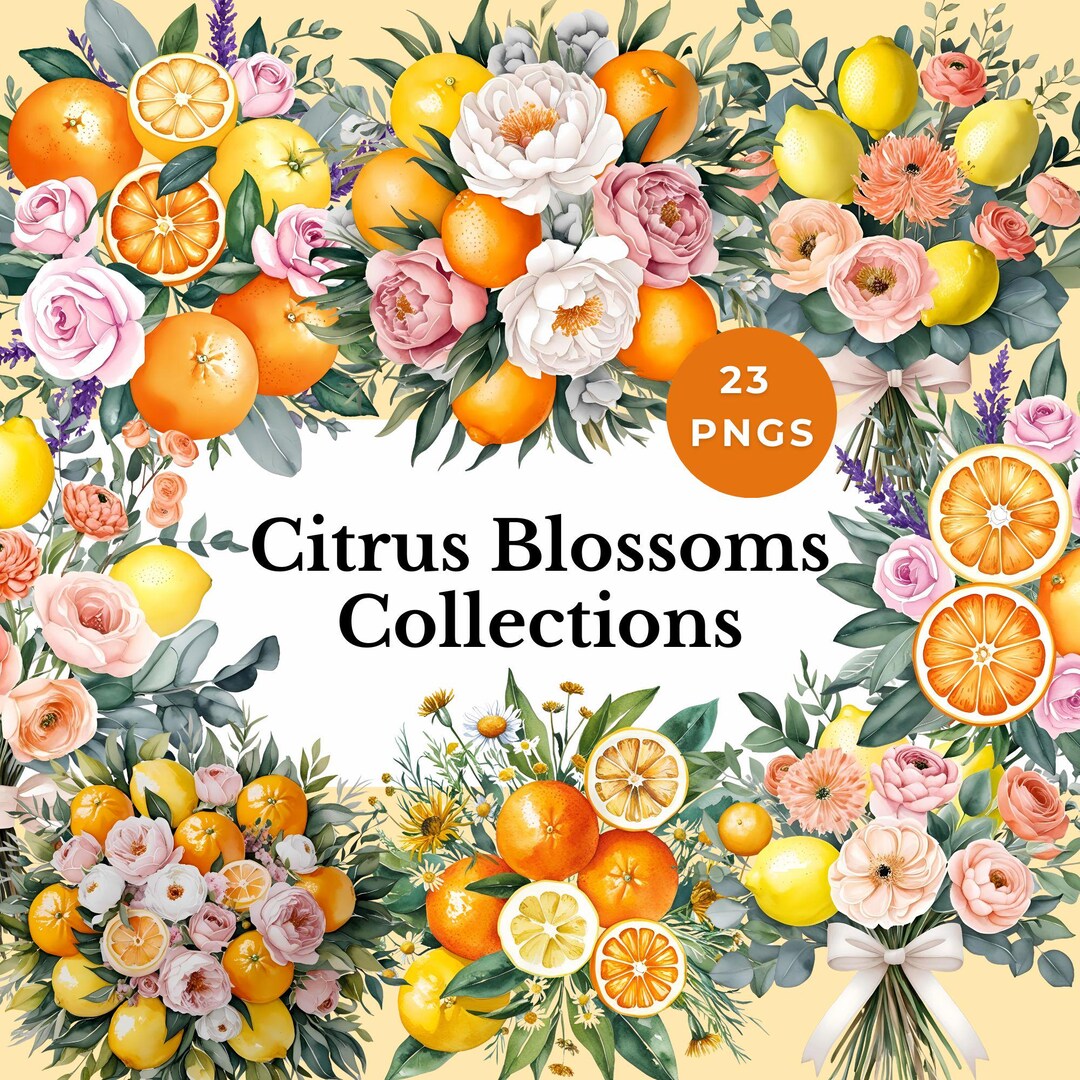Floral and Citrus Clipart Orange Flowers Lemon PNG Watercolor Summer ...