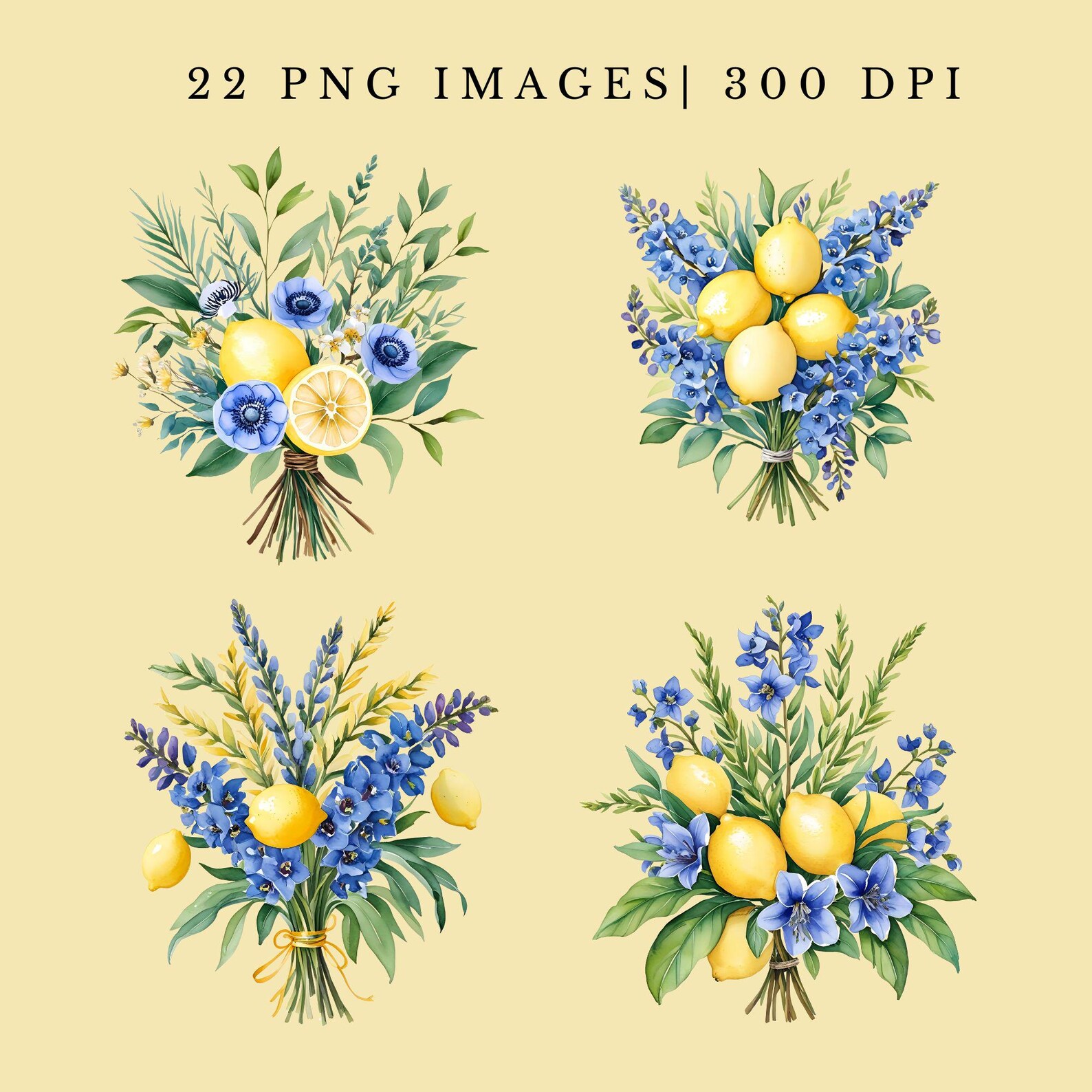 Lemon and Blue Flower Clipart Watercolor Floral PNG Italian Wedding ...