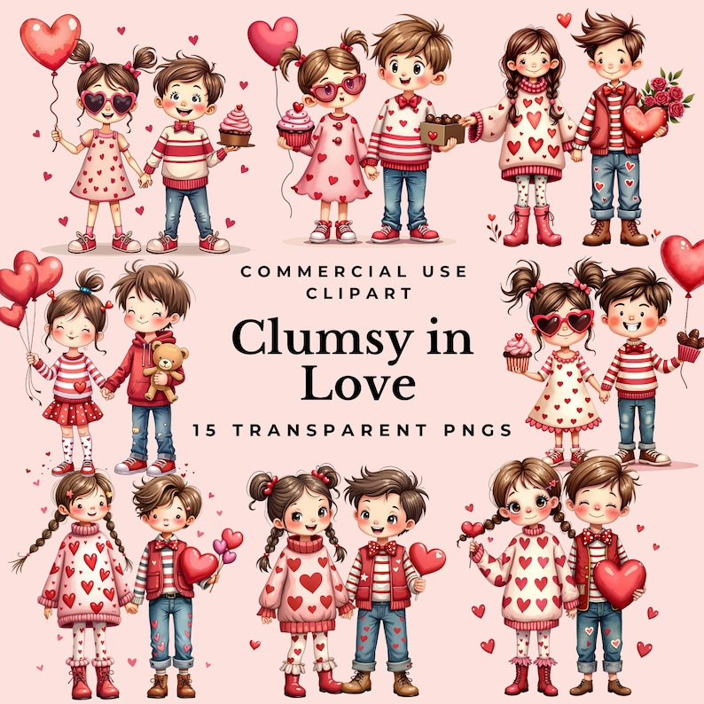 Quirky Valentine Clipart Watercolor Cute Couple PNG Bundle Pink Lovers ...