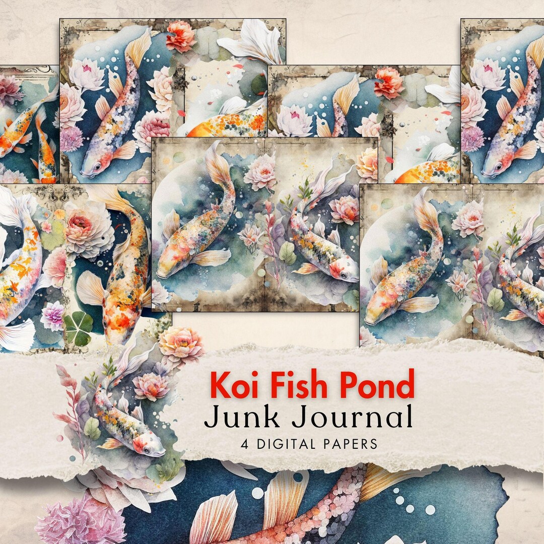 Junk Journal Kit Pond Koi Fishes Digital Paper Ethereal Nature Ephemera ...