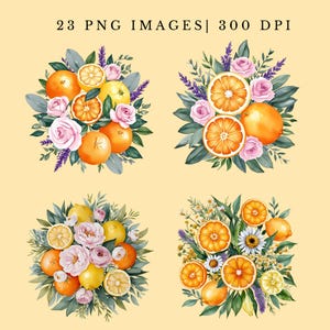 Floral and Citrus Clipart Orange Flowers Lemon PNG Watercolor Summer ...