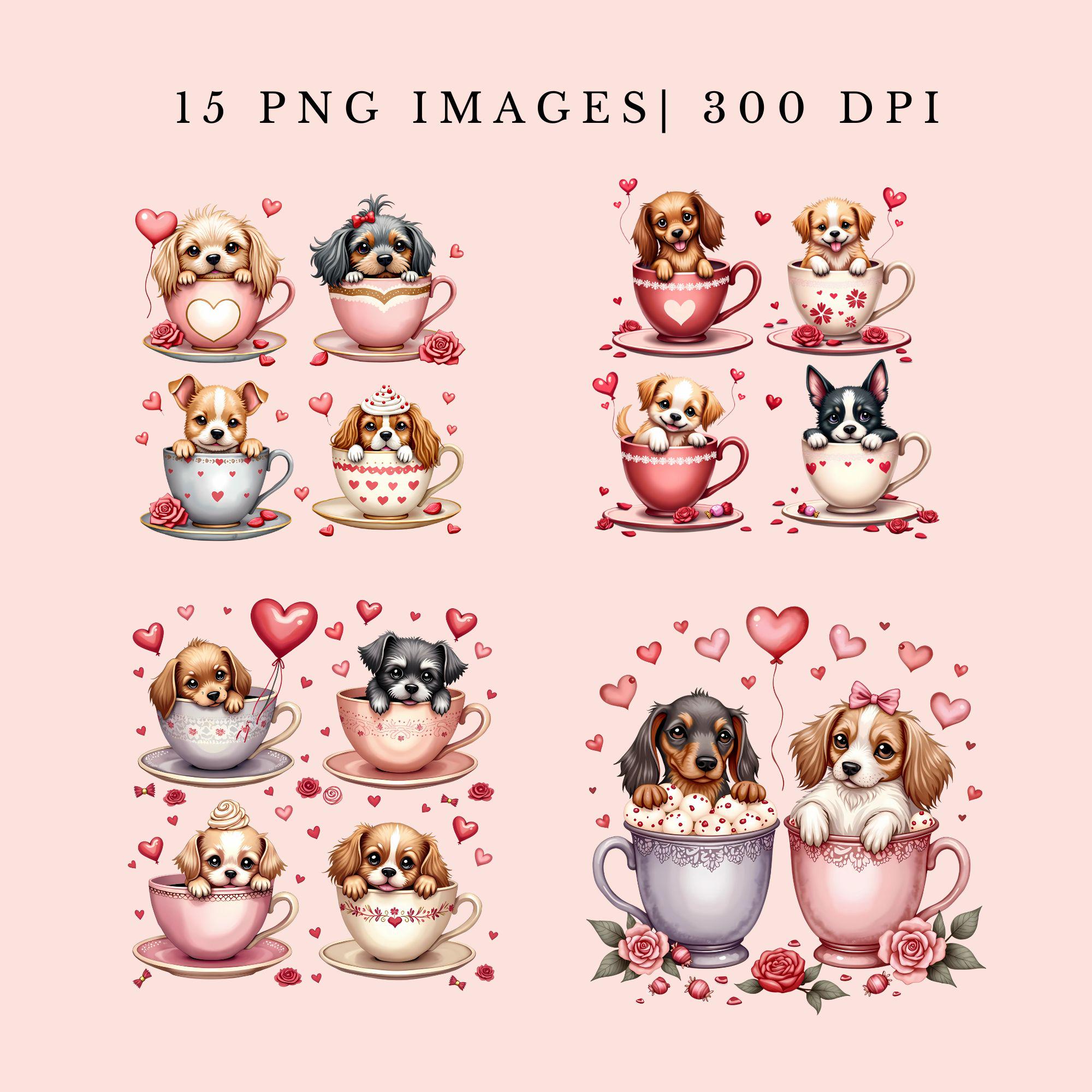 Valentine Dogs in a Cup Clipart Bundle Romantic Puppies in Mugs PNG ...