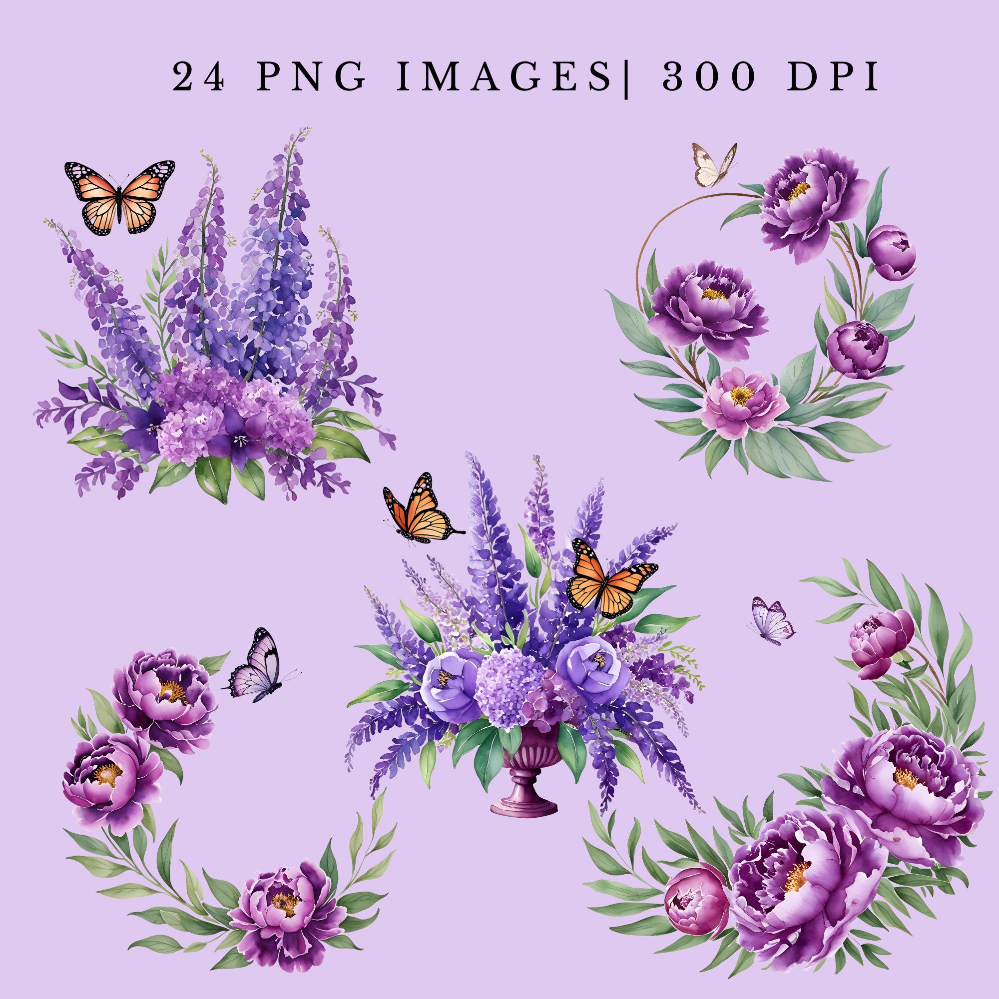 Purple Flowers and Butterfly Clipart Watercolor Floral Spring PNG ...