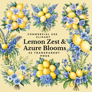 Lemon and Blue Flower Clipart Watercolor Floral PNG Italian Wedding ...