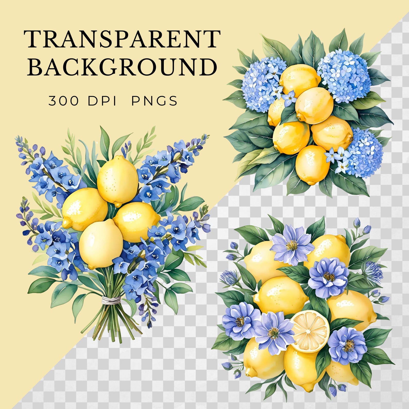 Lemon and Blue Flower Clipart Watercolor Floral PNG Italian Wedding ...
