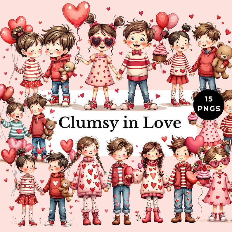 Quirky Valentine Clipart Watercolor Cute Couple PNG Bundle Pink Lovers ...