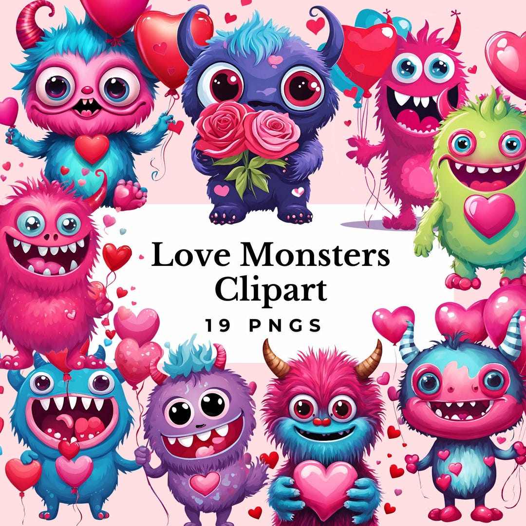 Valentines Monsters Clipart Cute Monsters PNG Bundle Watercolor ...