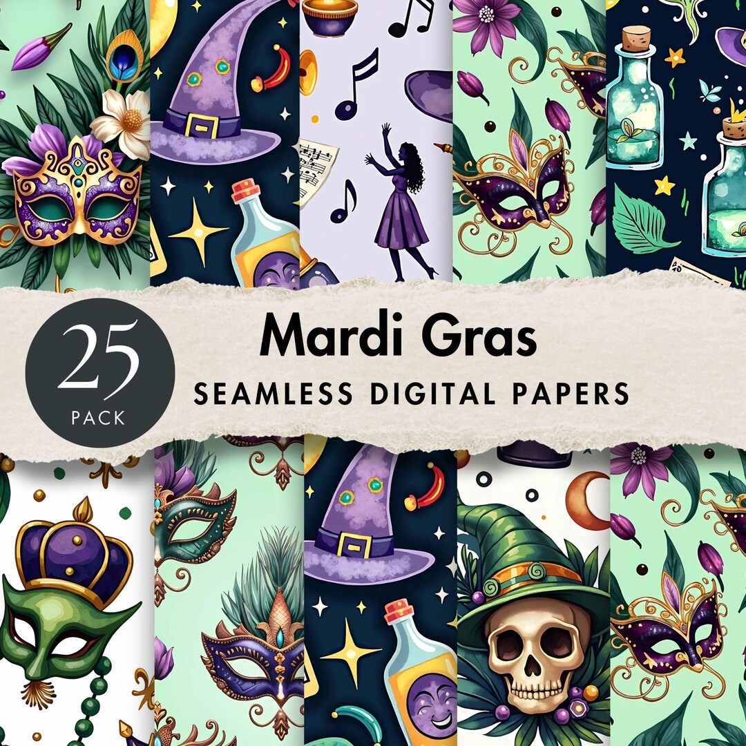 Mardi Gras Digital Paper Seamless Patterns Colorful Carnival ...