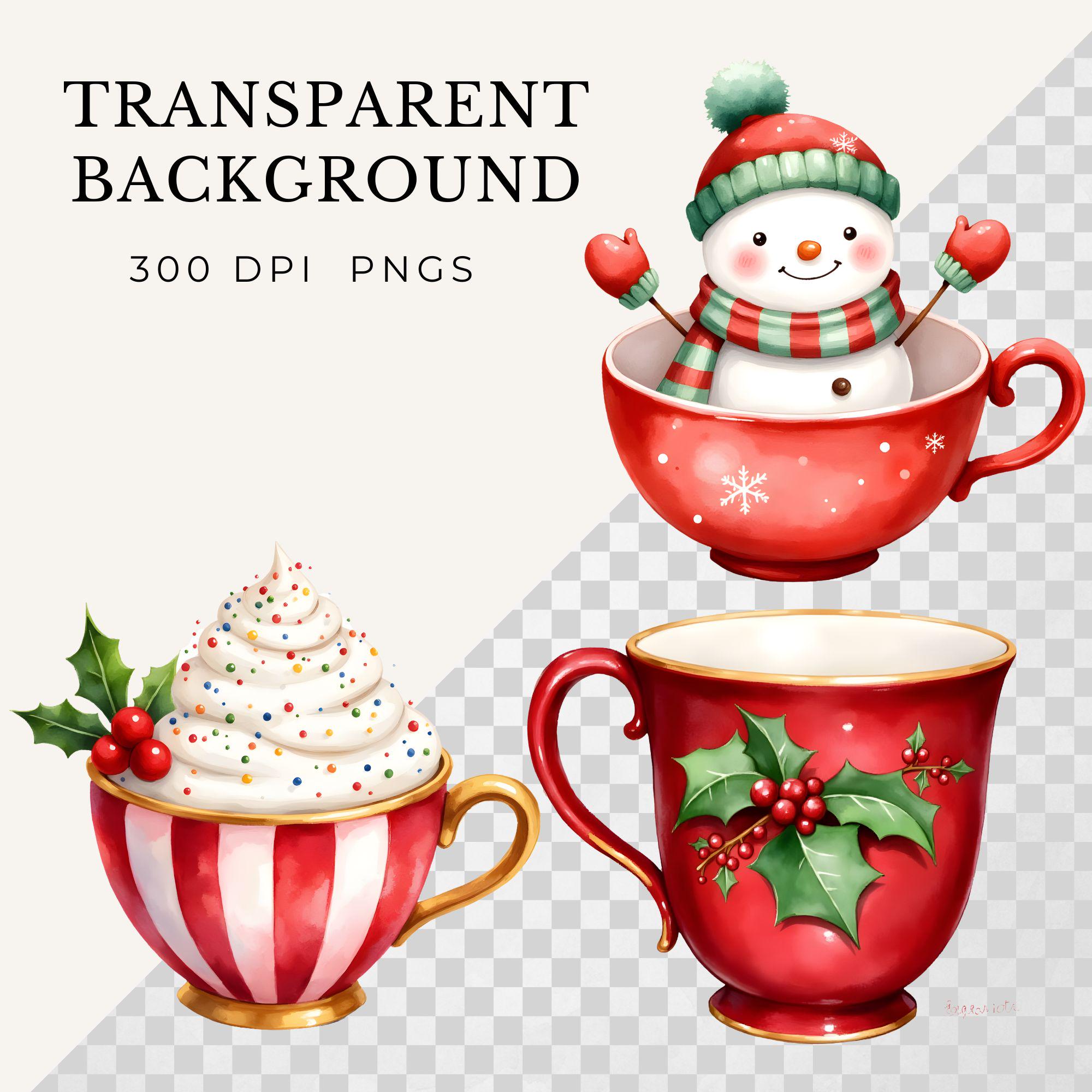 Christmas Tea Cups Clipart Vintage Holiday Mug PNG Watercolor Tea Party ...