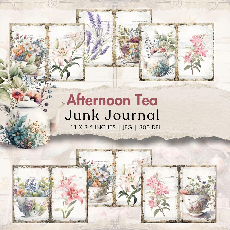 Afternoon Tea Junk Journal Pages Watercolor High Tea Ephemera Vintage ...