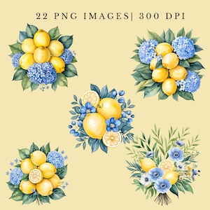 Lemon and Blue Flower Clipart Watercolor Floral PNG Italian Wedding ...